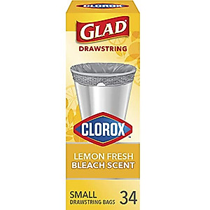 Glad Small Drawstring Trash Bags with Clorox, 4 Gallon Grey Trash Bags, Lemon Fresh Bleach Scent, 34 Count (Package May Vary)