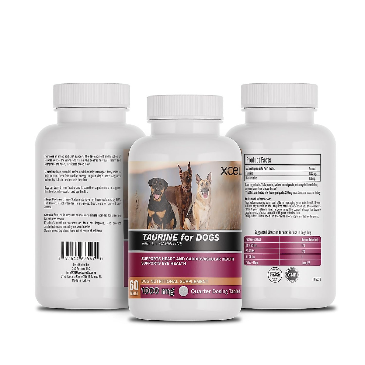 1000 mg Quarter Dosing Taurine Supplement with L Carnitine for Dogs, Supports Heart, Cardiovascular Health, Supports Eye Health