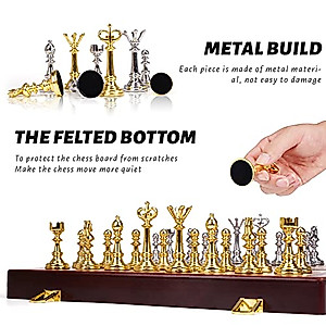 15" Metal Chess Set for Adults Kids Checkers Game Gold Silver Metal Chess Pieces & 24 Metal Cherkers Pieces Portable Folding Wooden Chess Board Travel Chess Sets Board (2 in 1)