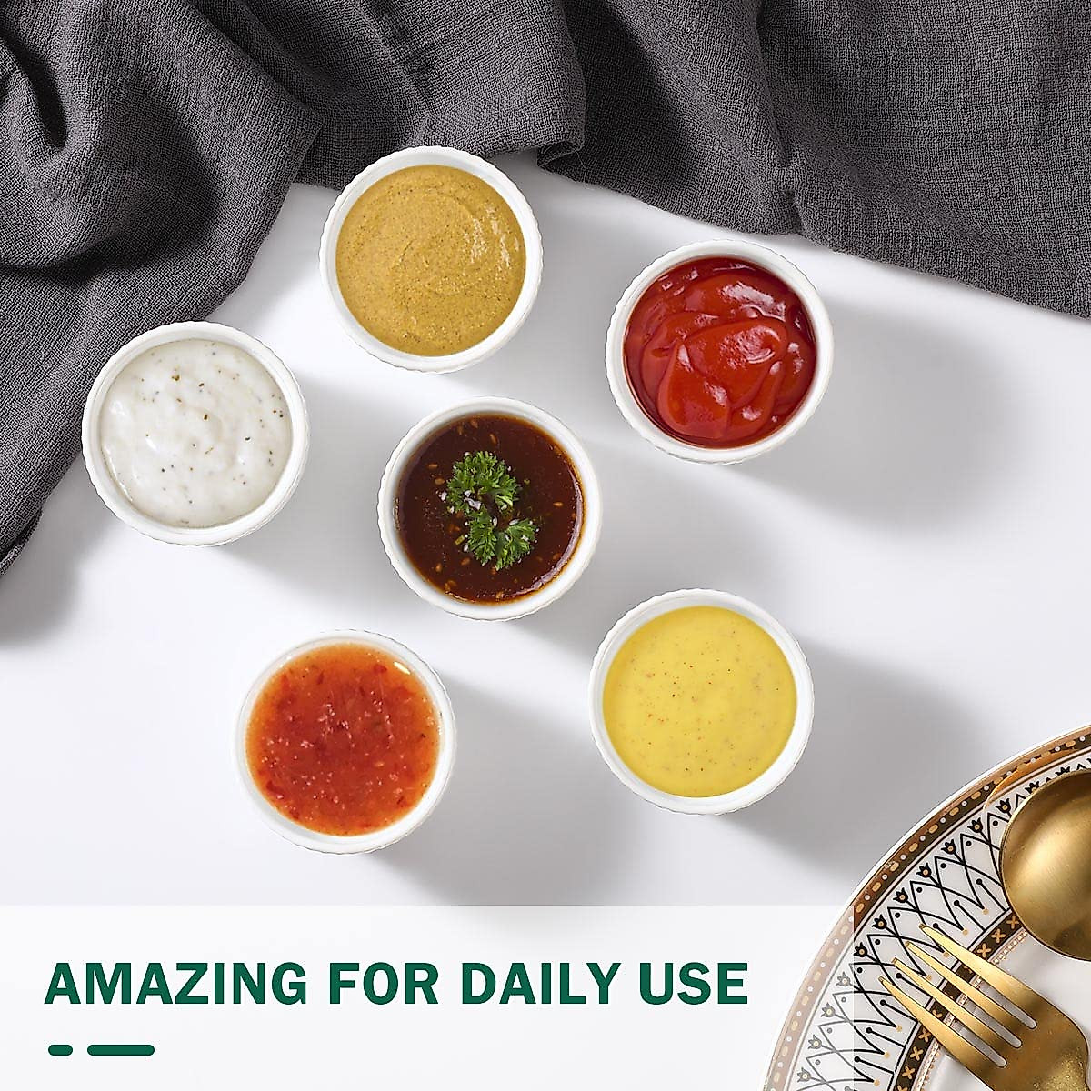 Mini Ramekins 1.5 oz, Vidalenta Dipping Sauce Cups, Tiny Ramekins Dip Bowl Porcelain Souffle Dish Set of 6, Small Ramekins Dessert Cups Small Bowls for Charcuterie Board, Microwave & Oven Safe, White