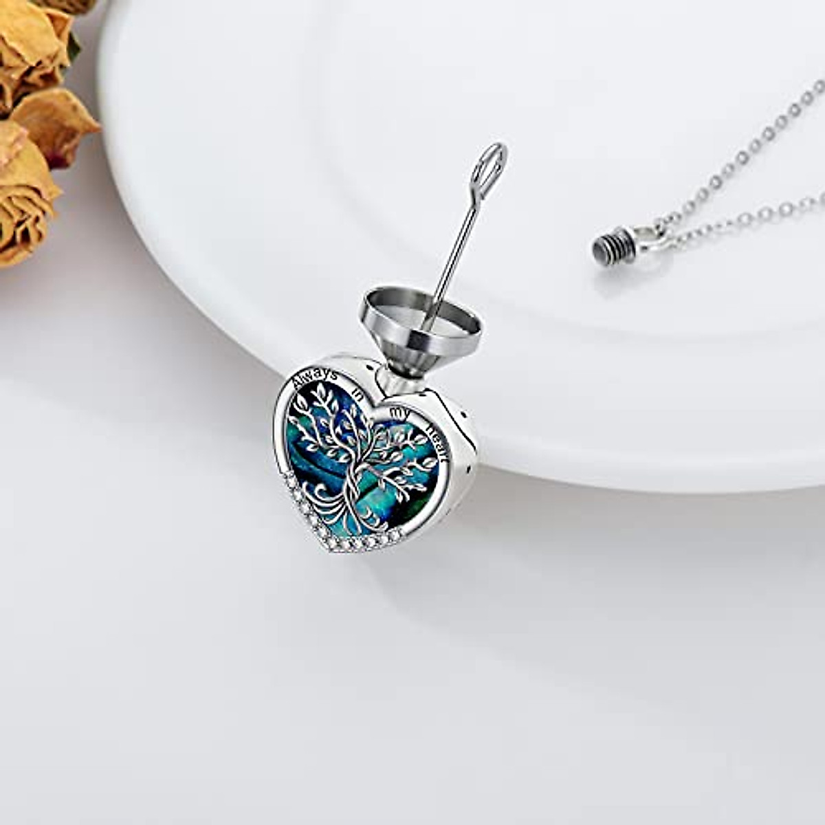 TOUPOP Heart Tree of Life Urn Necklace for Ashes Sterling Silver Abalone Shell Tree of Life Cremation Jewelry w/Funnel Filler Memorial Jewelry Gifts for Women Girls