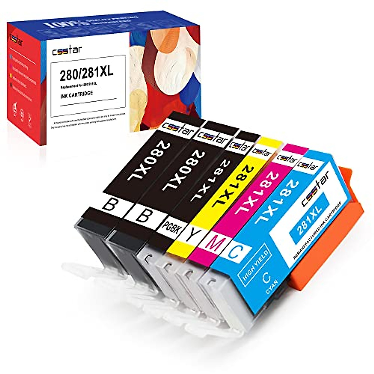 CSSTAR Compatible Canon Ink 280 and 281 Cartridges Replacement for Pixma TR8520 TS9120 TR7520 TS6220 TR8500 TS8220 TS6120 TS6320 TR7500 TS9521C Printer (2 PGBK, Black, Cyan, Magenta, Yellow, 6-Pack)