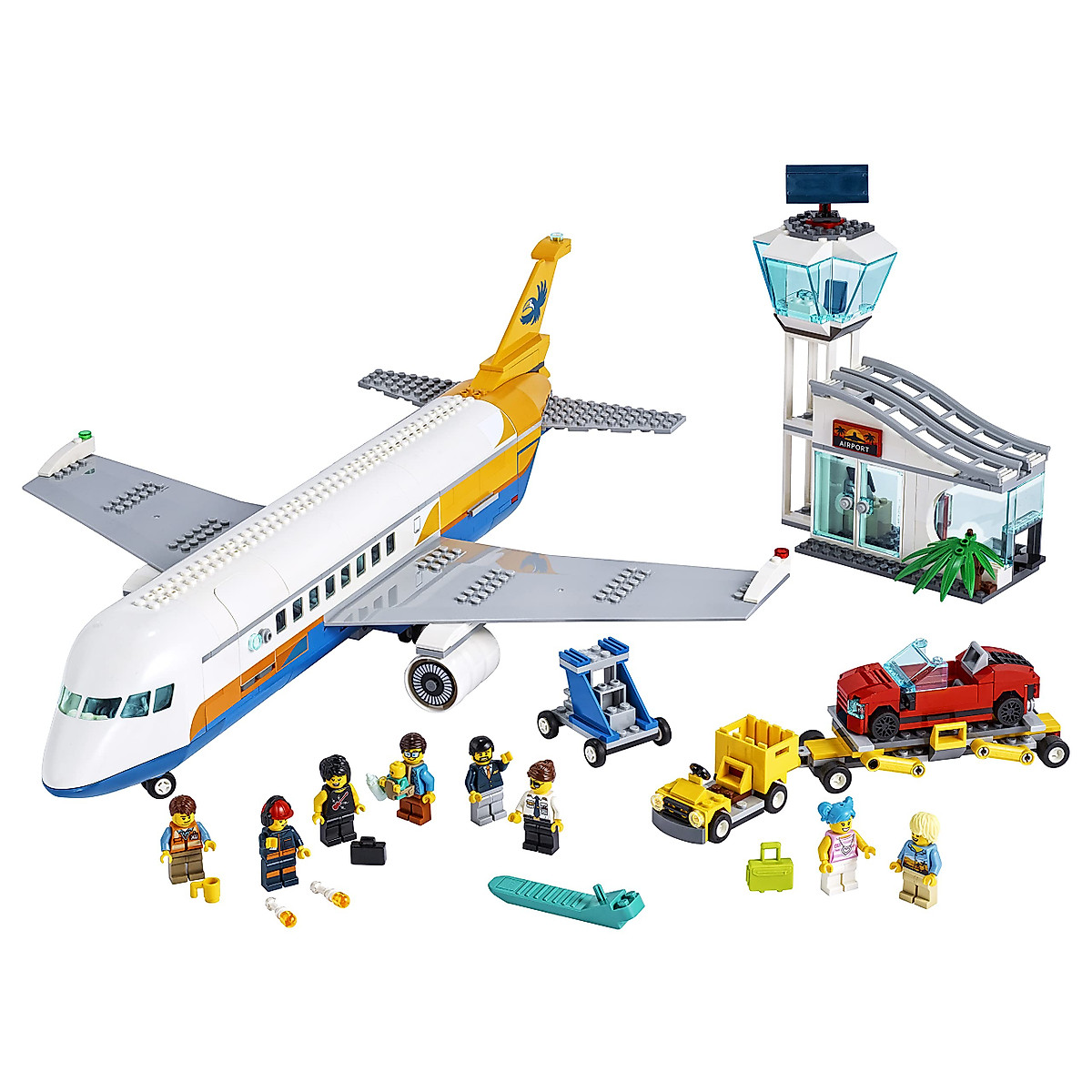LEGO City Passenger Airplane 60262, with Radar Tower, Airport Truck with a Car Elevator, Red Convertible, 4 Passenger and 4 Airport Staff Minifigures, Plus a Baby Figure (669 Pieces)