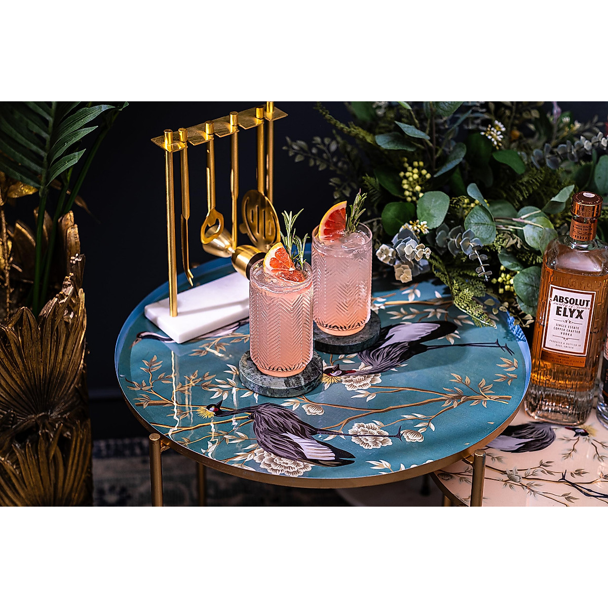 Vintage Flamingo Collins Gin and Rum Cocktail Glasses | Set of 4 | 12 oz Crystal Highball Glassware for Drinking Mojito, Gin Tonic, Bar Drinks | Tropical Glassware Collection