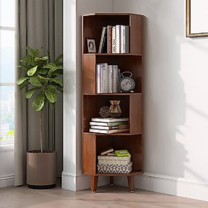 WILK 4-Tier Cube Corner Bookshelf Bamboo Corner Bookcase, Brown, 2.8(L) x 14.5(W) x 54(H)