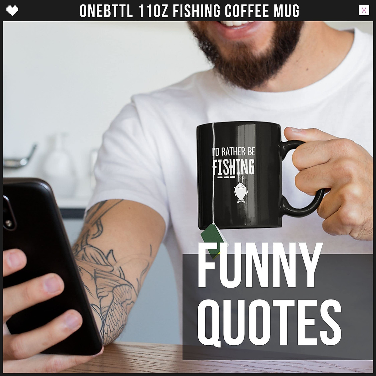 Onebttl Fishing Gifts for Men, Coffee/Cold Drinks Mug, Fishmen Gift for Fishing Lover, Ceramic Heat Changing Mug, Gift Idea Cup For Christmas, Birthday- I'd Rather Be FISHING