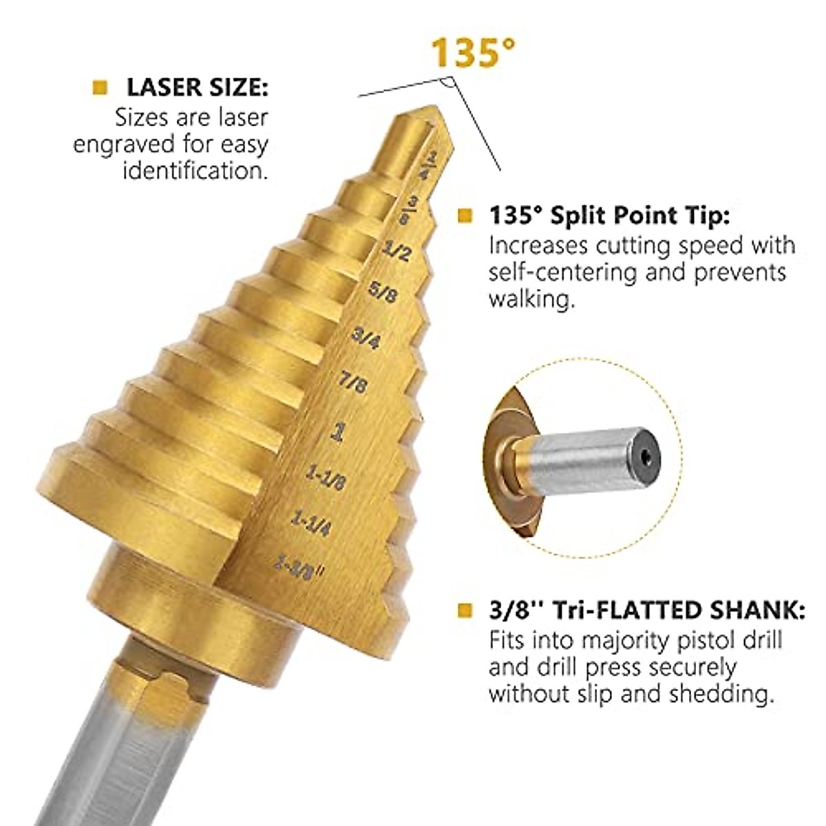10 Sizes Titanium Step Drill Bit, 1/4 to 1-3/8 Inches High Speed Steel Step Drill Bits for Sheet Metal Hole Drilling Cutting, HSS Multi Size Unibit Drill Bits DIY Lovers, Multiple Hole Stepped up Bits
