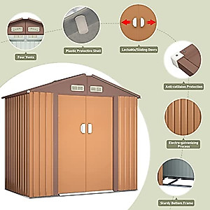JAXPETY 4.2' x 7' Storage Outdoor Shed, Metal Shed Outdoor Storage with Lockable/Sliding Doors, Steel Utility Tool Shed with Floor Frame for Garden Patio Backyard Lawn, Coffee