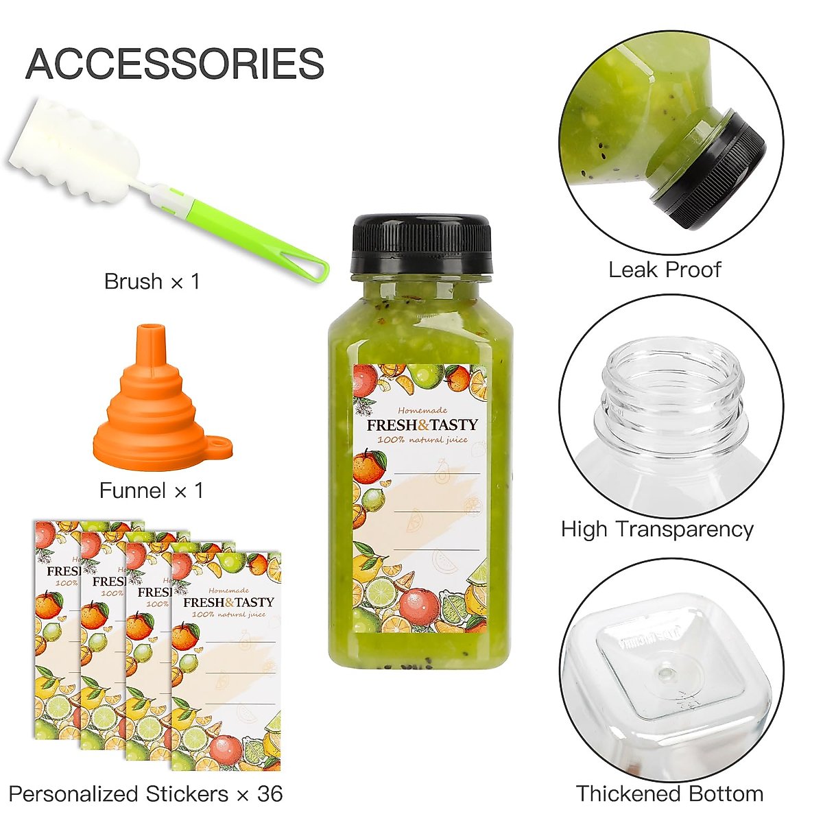 TOMNK 35pcs 8oz Plastic Juice Bottles with Caps, Reusable Clear Bottles with Label, Funnel and Brush Beverage Containers Bulk with Lids for Juicing, Smoothies, Drinking