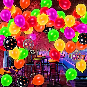 RUBFAC 120 Pieces Neon Balloons, 12” Glow in The Dark Balloons UV Polka Dot Glow Balloons, Blacklight Luminous Helium Latex Balloon for Birthday, Wedding, Neon Party, Glow Party Decorations Supplies