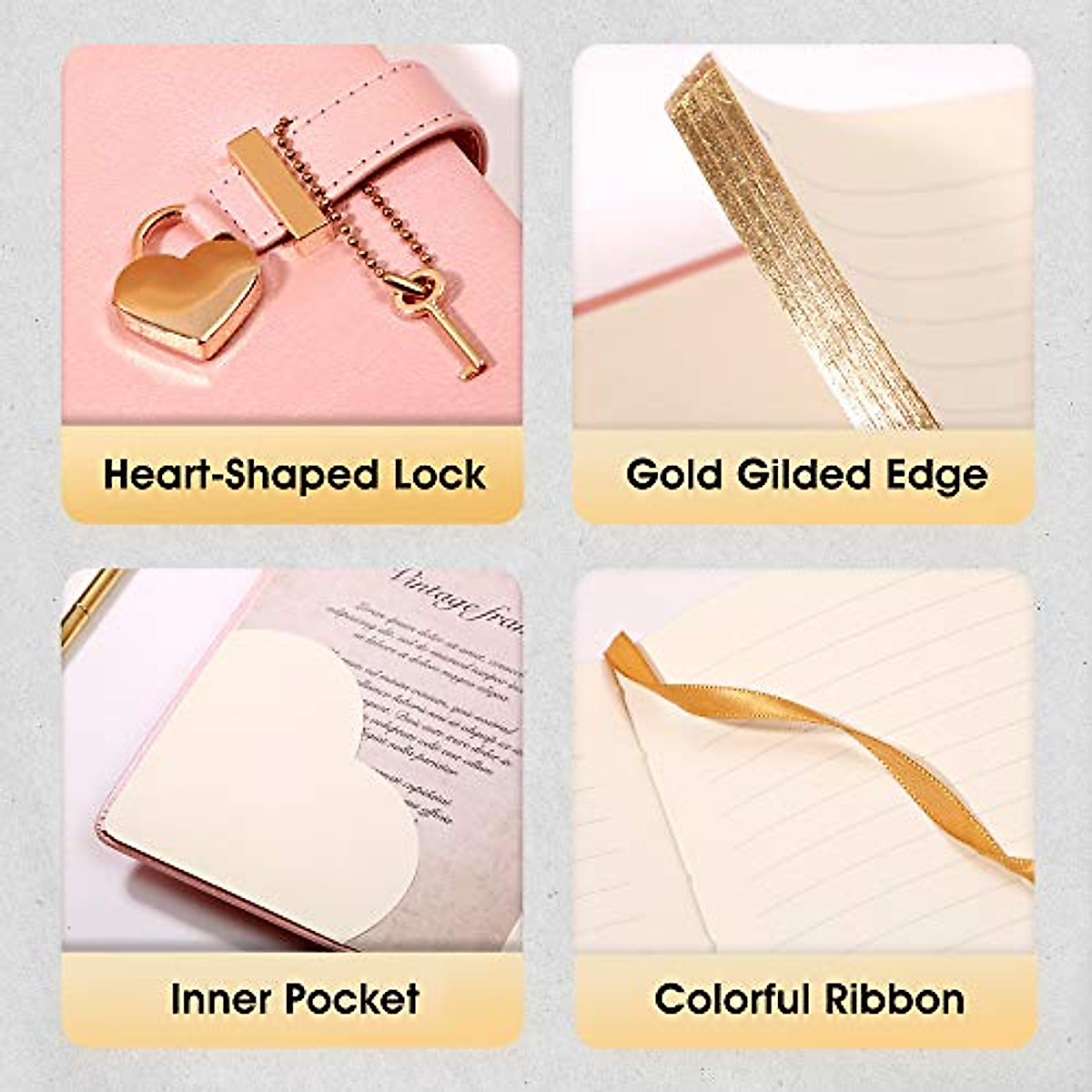 Heart Shaped Lock Diary with Key for Girls PU Leather Cover Journal Personal Organizers Secret Notebook for Women, B6 Size 5.3x7 inch, Pink