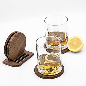 Walnut Wood & Cork Drink Coasters with Holder – Set of 4 Reversible Natural Round Wooden Coasters & Base for Absorbent Furniture Protection for Rustic Home and Office Décor – Perfect Housewarming Gift