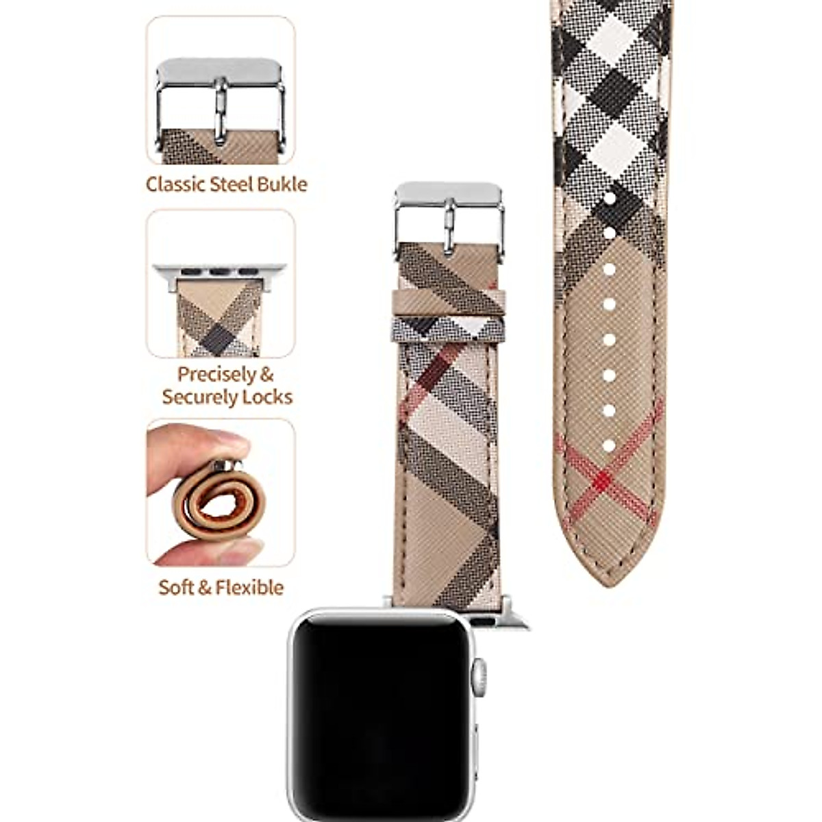 Designer Band Compatible with Apple Watch 41mm 40mm 38mm, Luxury Beige Plaid Elements Soft Leather iWatch Band with Classic Firmly Buckle for iWatch Series9/8/7/6/5/4/3/2/1/SE for Women/Man