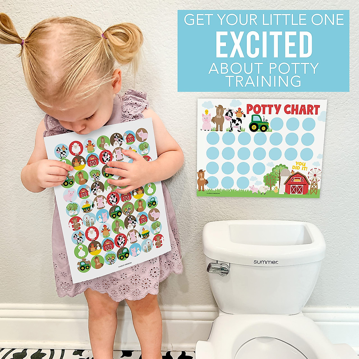 Hadley Designs Farm Animals Sticker Chart for Kids Potty Training Chart for Toddlers Boys - Potty Training Sticker Chart for Girls Potty, Potty Chart for Boys with Stickers