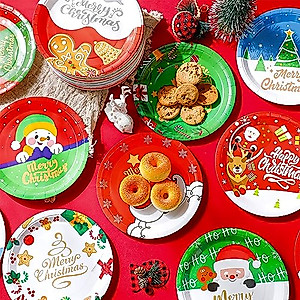Sliner 120 Pcs 9 Inch Christmas Paper Plates Round Christmas Dinner Plates Cute Snowman Santa Themed Disposable Plates Dinnerware Plates for Xmas Winter Season Holiday Party Baking Cookie Dishware