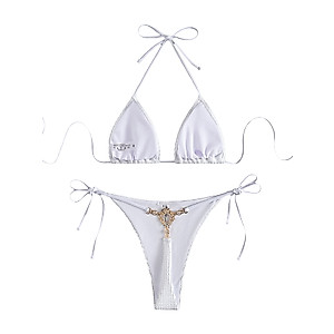 GORGLITTER Women's 2 Piece Sexy Thong Bikini Set String Cheeky Swimsuit Textured Halter Triangle Bathing Suits White Small