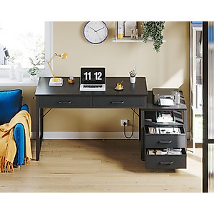 AODK 53-Inch Desk with Drawers and USB Power Outlets, Reversible Computer Desk with Storage Shelf, Office Desk with Printer Stand, Modern Simple Study Writing Work Table for Bedroom, Black