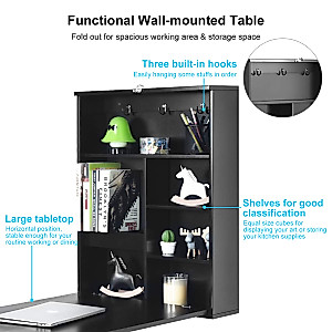 Tangkula Folding Wall Mounted Desk, Floating Desk with Chalkboard, Space Saving Fold Up Desk Wall Convertible Desk, Wall Table with Storage Shelves & Hooks (Black)