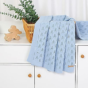 mimixiong 100% Cotton Baby Blanket Knit Cellular Toddler Blankets for Newbron Baby Light Blue 40x30 Inch