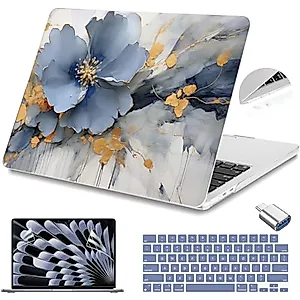 Teryeefi Compatible with M3 MacBook Air 15 inch Case Model A2941 2023 2024 Release, Plastic Hard Shell with Screen Protector + Keyboard Cover + USB Adapter for MacBook Air M2 15.3", Tropical Leaves