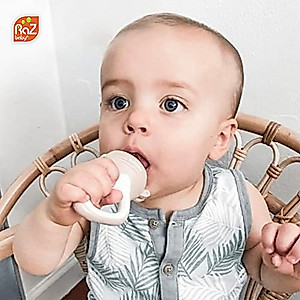 RaZbaby Baby Solids/Frozen Fruit Feeder Pacifier, Infant Teether Toy 6M+, BPA-Free Silicone Pouch & Nipple, Safely Introduce Solids, Teething Relief, Dishwasher Safe, 2-Pack – Orange/Blue + Green/Blue