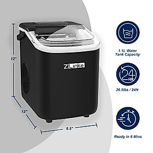 Countertop Ice Maker Machine - 6 Mins 9 Bullet Ice, 26.5lbs/24Hrs, Portable With Self-Cleaning, Scoop, and Basket (Black)