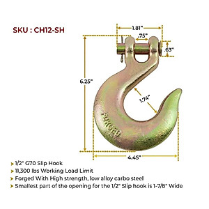 Mytee Products (4 Pack 1/2" Clevis Slip Hook - 11,300 LBS WLL Heavy Duty Grade 70 Tow Chain Hook for Truck Trailer Tie Down