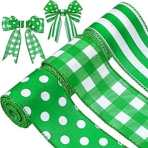 3 Rolls 15 Yards St. Patrick's Day Burlap Wired Ribbons Green Wrapping Ribbons Farmhouse Craft Ribbon Plaid Striped Dot Ribbons for Saint Patty's Day Party Irish Home DIY Crafts Holiday Decoration