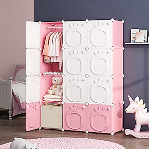 MAGINELS Kids Wardrobe Closet,Baby Closet Cabinet with Door.Baby Girls Closet Armoires Organizer for Bedroom.Two Open Hanging Children Costume Area and 8 Cube Stroage.Pink(42x14x56inch)
