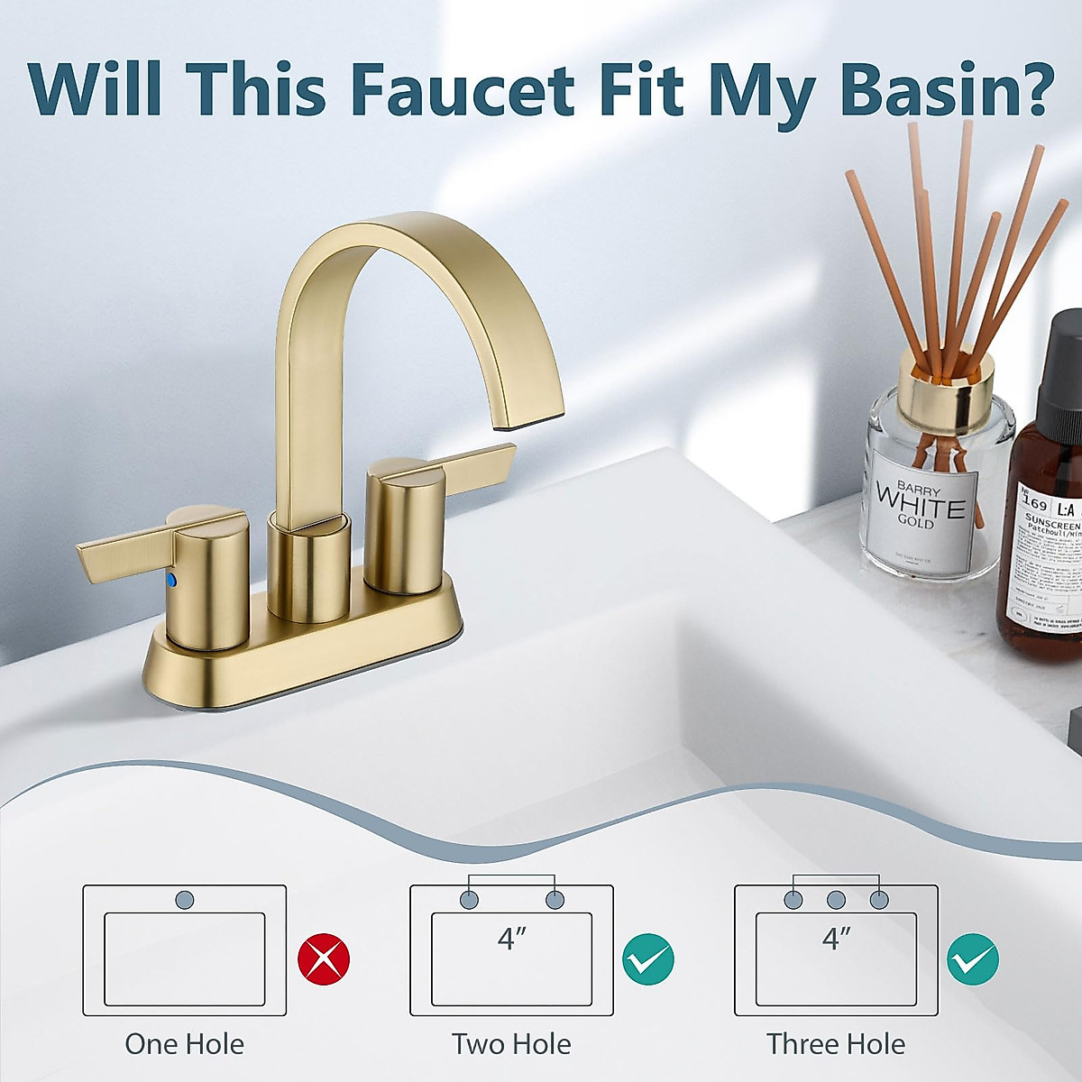 Aolemi Bathroom Faucets for Sink 3 Hole,4 Inch Centerset Waterfall Faucet Bathroom Sink Faucet,2 Handle Faucet for Bathroom Sink,with Pop-Up Drain and Supply Lines,Brushed Gold