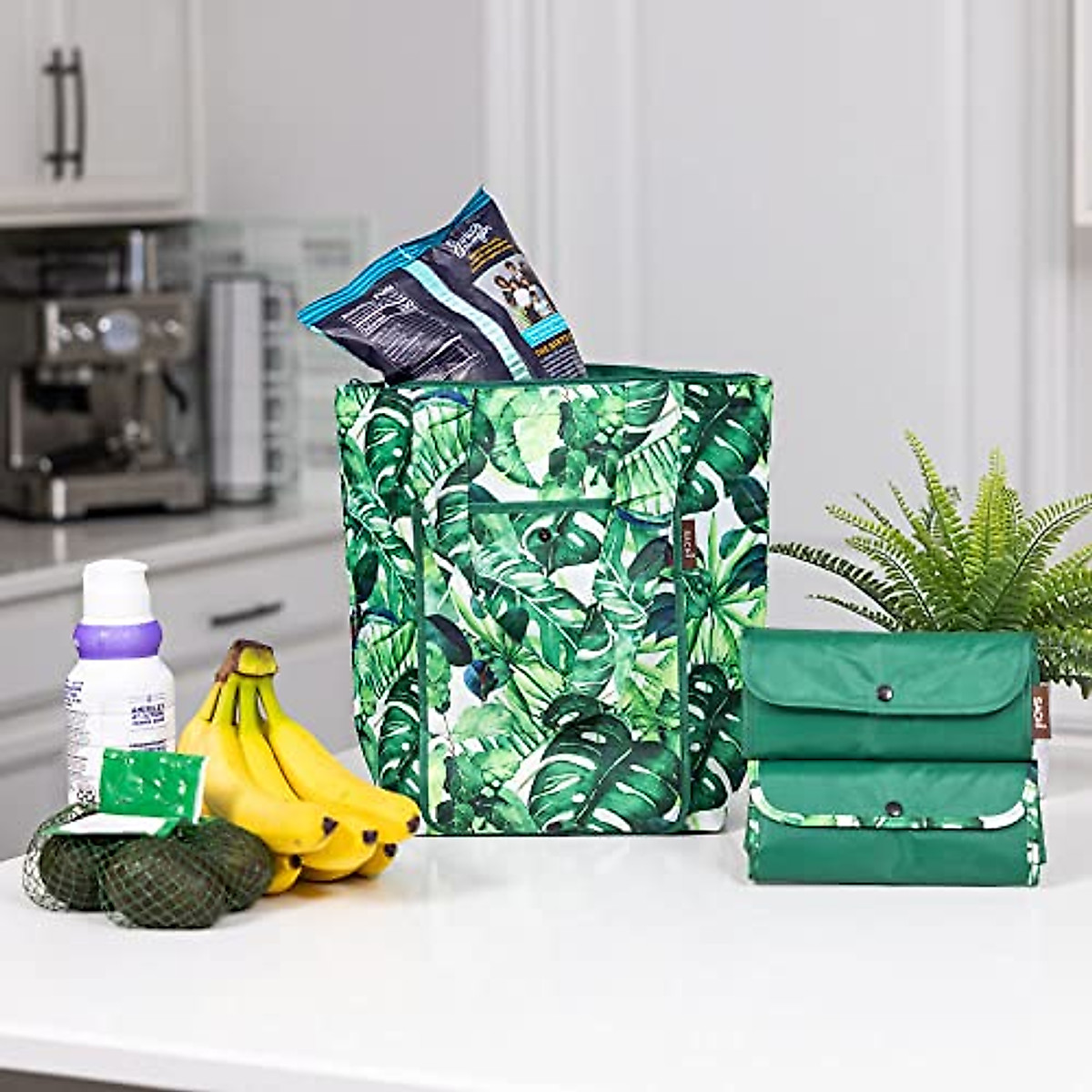Sachi 3 Piece Market Tote Set – Insulated Thermal Reusable Grocery Bags for Cold and Hot Foods – Lightweight, Portable and Fold-able (Green Tropical Leaf)