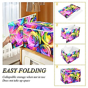 Kigai Storage Basket Rainbow Roses Storage Boxes with Lids and Handle, Large Storage Cube Bin Collapsible for Shelves Closet Bedroom Living Room, 16.5x12.6x11.8 In