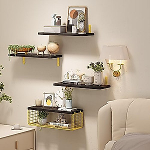 Fixwal 4+1 Tier Floating Shelves Rustic Wood Wall Mounted Shelf, Bathroom Shelves Over Toilet with Wire Storage Basket, Farmhouse Wall Decor for Bedroom, Kitchen, Living Room and Plants (Black Gold)