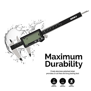 NEIKO 01401A 6-Inch Electronic Digital Caliper, Stainless Steel, Extra Large LCD Screen, Measurement Conversions for Inches, Millimeters, and Fractions, 1 LR44 batteries required. (included)