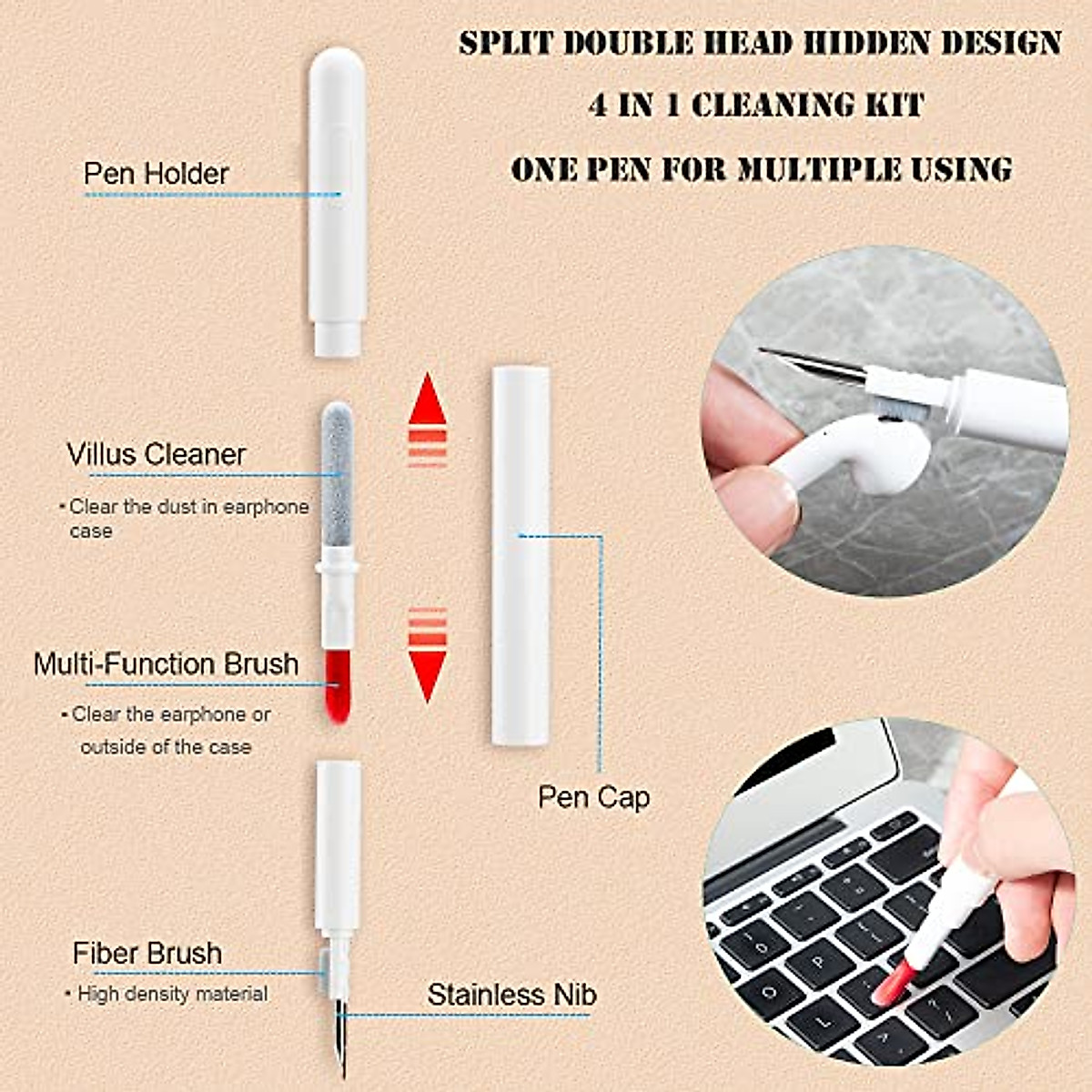 Cleaner Kit for Airpods Cleaning kit for Airpod Phone Cleaner Pen with Brush for Bluetooth Earbuds Keyboard Cellphones Wireless Earphones Laptop Camera 08E