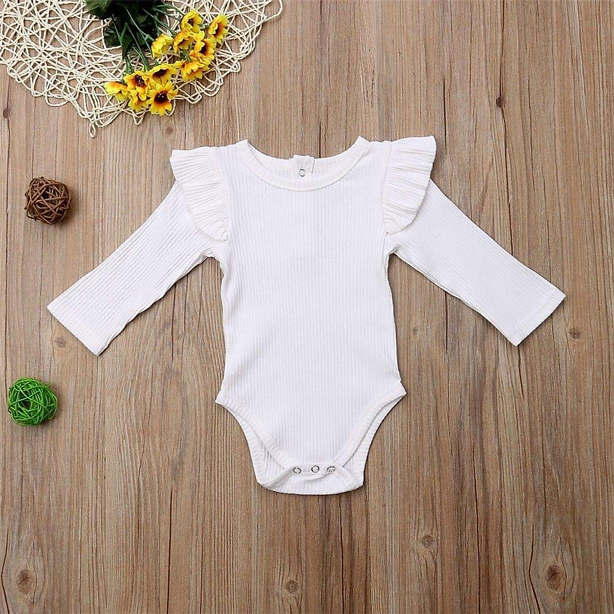 Mubineo Infant Baby Girl Basic Plain Rib Knit Ruffle Long Sleeve Romper Bodysuit Tops (White, 12-18 Months)