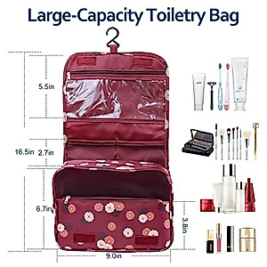 Aosivm Hanging toiletry bag for Women,makeup travel bag,with Jewelry Organizer Compartment,Large Cosmetic Bag Travel Organizer for Bathroom Shower Accessories (Wine red, Large)