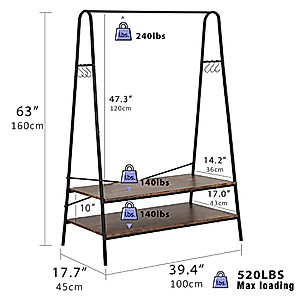 Finnhomy 39.4“L Clothes Rack with 2 Wood Shelves, Clothing Racks for Hanging Clothes Heavy Duty Garment Display Rack, Rustic Metal Portable Closet with Shoes Rack for Bedroom/Entryway/Boutiques