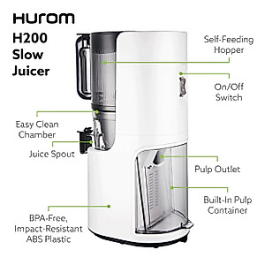 Hurom H-200 Easy Clean Electronic Juicer Machine (White) - Self Feeding Slow Juicer w Big Mouth Hopper to Fit Whole Fruits & Vegetables - Healthy Living - Rinse Clean No Scrub BPA Free Easy Assembly