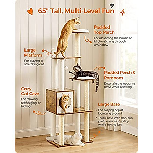 Feandrea WoodyWonders Cat Tree, 65-Inch Modern Cat Tower for Indoor Cats, Multi-Level Cat Condo with 5 Scratching Posts, Perch, Washable Removable Cushions, Cat Furniture, Rustic Brown UPCT166X01