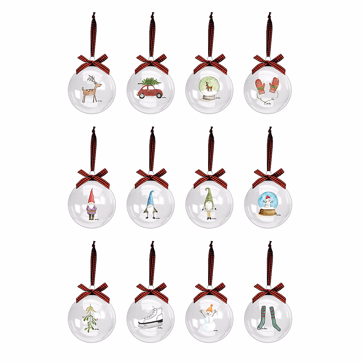 Rae Dunn Christmas Ornaments - Set of 12 Clear Glass Balls with Cute Holiday Designs - 60mm / 2.36 Inch Hanging Decorations for Xmas Tree