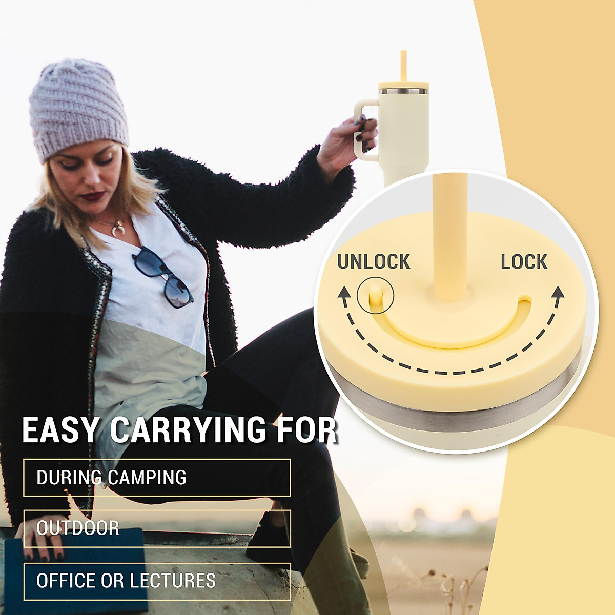 C&Y Company Tumbler With Straw and Handle 40oz, 40oz Tumbler With Silicone Straw, Leakproof Lid, Spill Proof Lid, Insulation Double Wall Stainless Steel Tumbler With Handle (Cream Lemon)