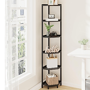 Hzuaneri Corner Shelf Stand, Corner Bookshelf, Storage Standing Shelf Unit with Metal Frame, Plant Stand, Corner Bookcase for Living Room, Home Office, Bedroom, 6-Tier Black CS06006B
