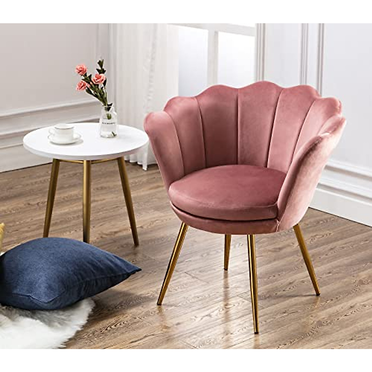 chairus Velvet Accent Chair, Upholstered Vanity Chair with Shell Back & Gold Metal Legs, Modern Small Armchair Side Chair Guest Chair for Living Room Bedroom Makeup Dressing Room, Antique Pink