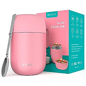 Insulated Food Jar WayEee Vacuum Bento Box Lunch Containers 16 oz for Kids Adults, Stainless Steel Leak Proof Wide Mouth Food Soup Thermos with Spoon Keeps Food Hot Cold for School Travel Picnic -Pink