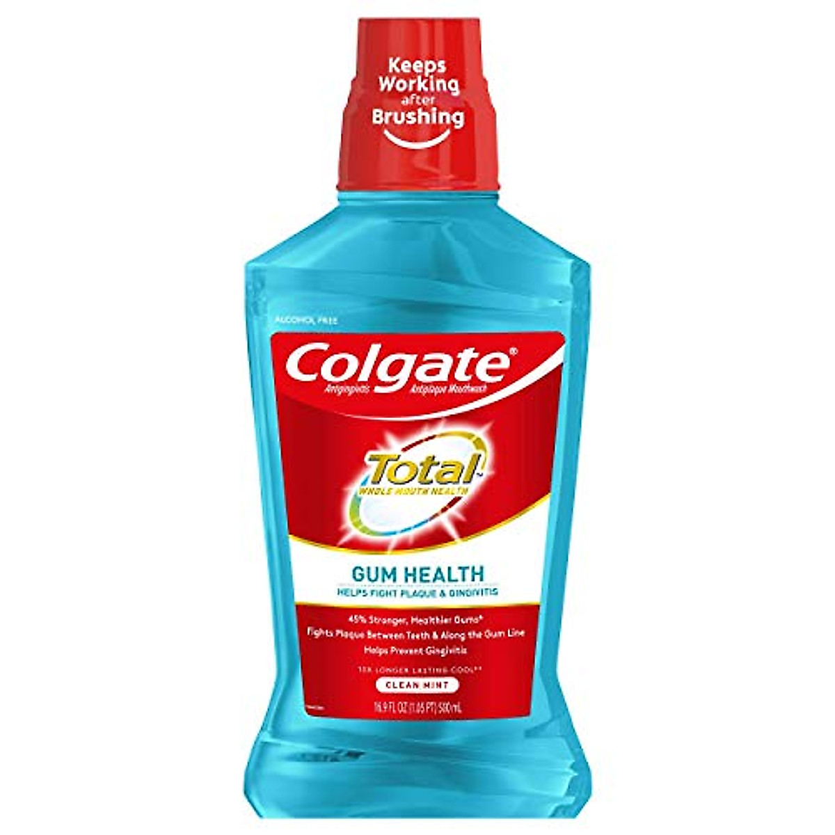 Colgate Total Gum Health Alcohol Free Mouthwash, Antibacterial Formula, Clean Mint - 500 mL, 16.9 Fluid Ounce