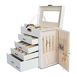 Homde Synthetic Leather Huge Jewelry Box Mirrored Watch Organizer Necklace Ring Earring Storage Lockable Gift Case (White)