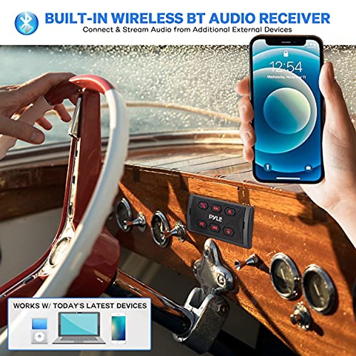 Pyle Car Wireless Bluetooth Audio Controller - Bluetooth Media Button IPX6 Waterproof Rated Marine Receiver Remote Control w/USB, AUX - for Car Truck Boat Marine PowerSport Vehicles - Pyle PLMRBTSQ1