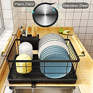 BRIAN & DANY Dish Drying Rack with Drip Tray, Stainless Steel Dish Drainer with Wooden Handles and Cutlery Holder, 18.4 x 12.5 x 9 inches, Black