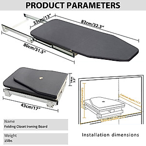 AKOZLIN Retractable Pull Out Ironing Board Closet Sliding Out Swivel Iron Board Mounted in Drawer with Heat Resistant Ironing Cover, Board Size: 31.88"*13", Gray